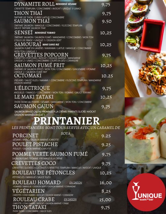 Menu Sushi – Unique Sushi
