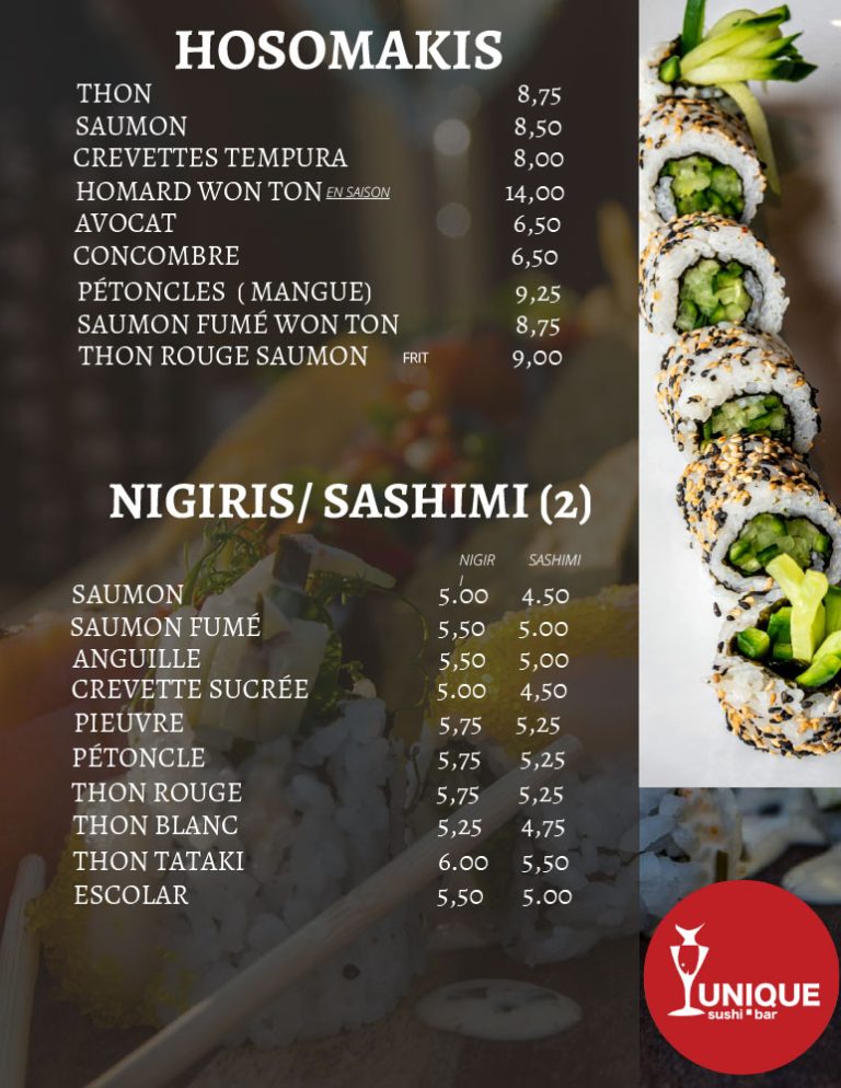 Menu Sushi – Unique Sushi